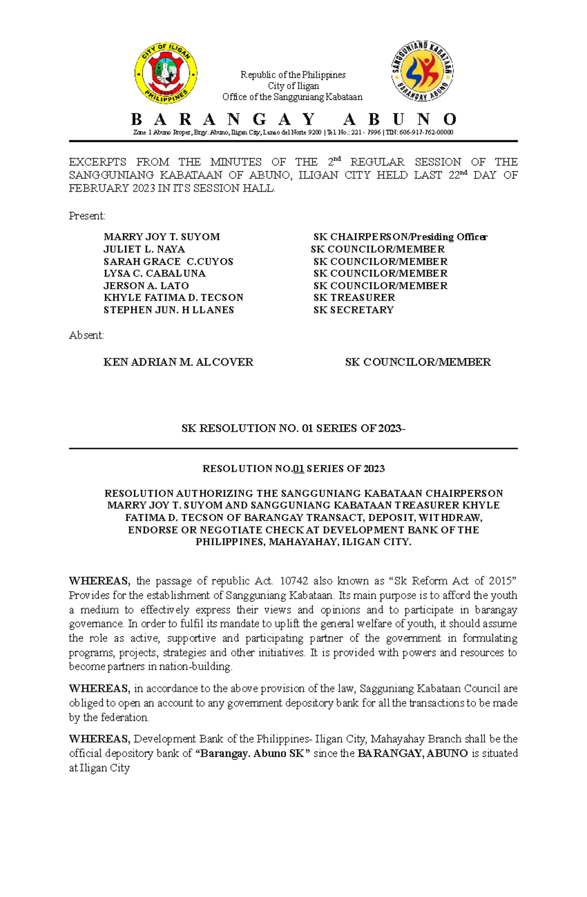 SK resolution 01-23 DBP - Republic of the Philippines City of Iligan ...