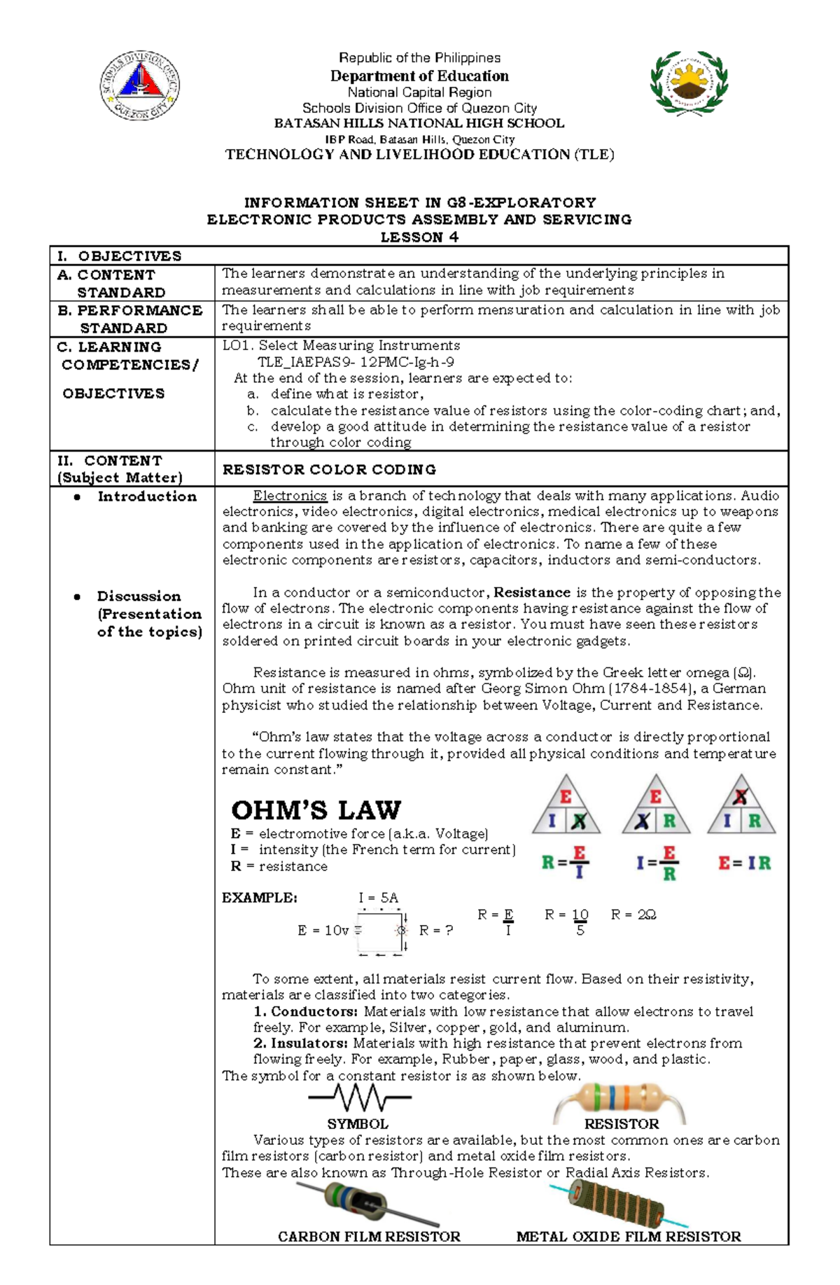 TLE Lesson 4: Info Sheet on Electronic Products Assembly (EPAS) - Studocu