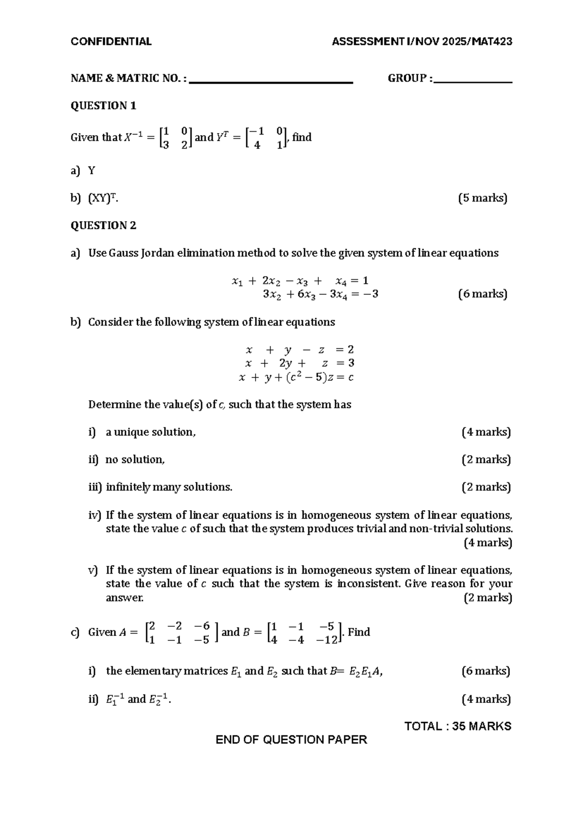 Assessment I Questions for Linear Algebra (MATH 101) - Studocu