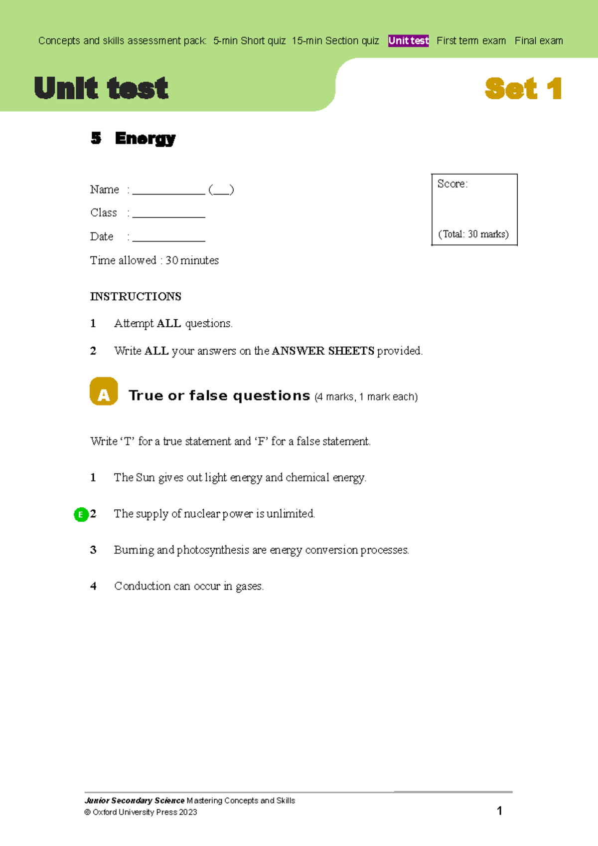 Junior Secondary Science Unit 5 Energy Unit Test Set 1 - Studocu