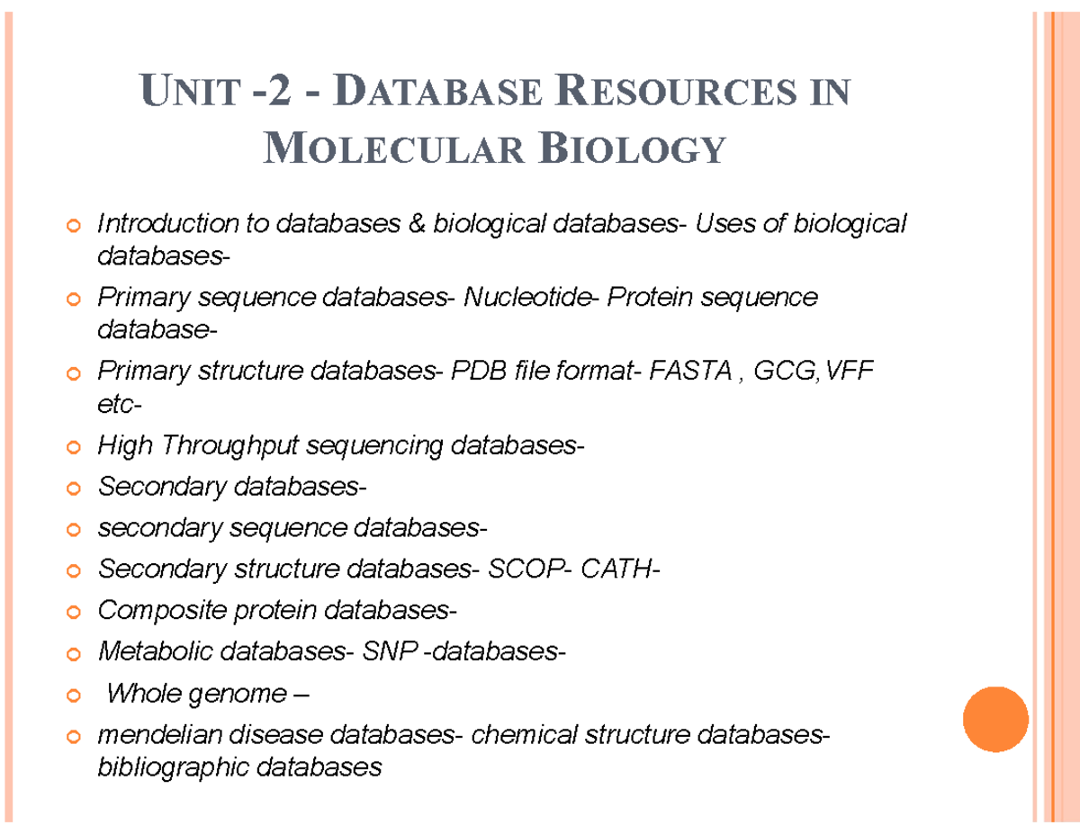 Unit 2 CompMolBio - Lecture Notes on Biological Databases - Studocu