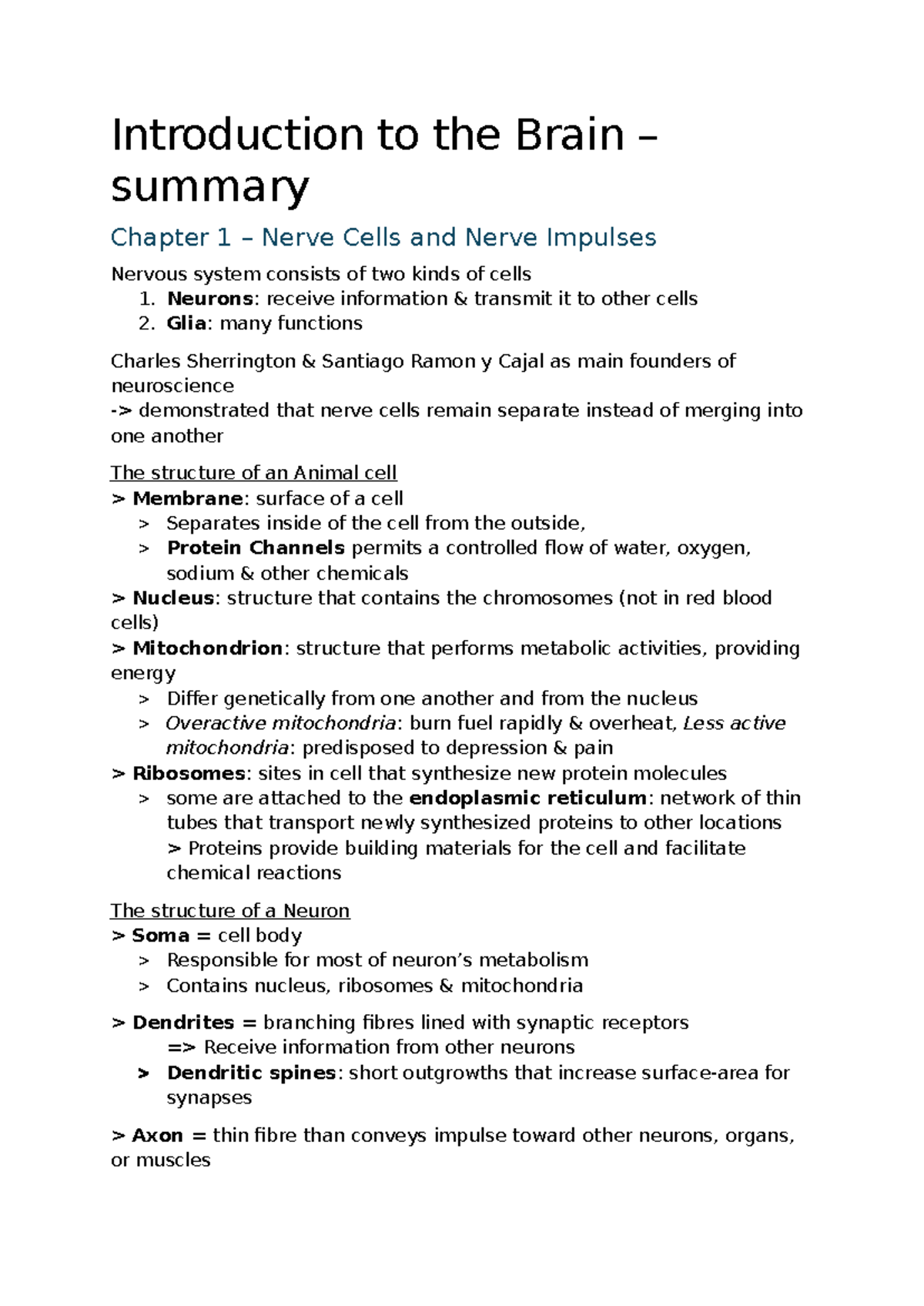 Introduction to the Brain - Chapter Summaries and Key Concepts ...