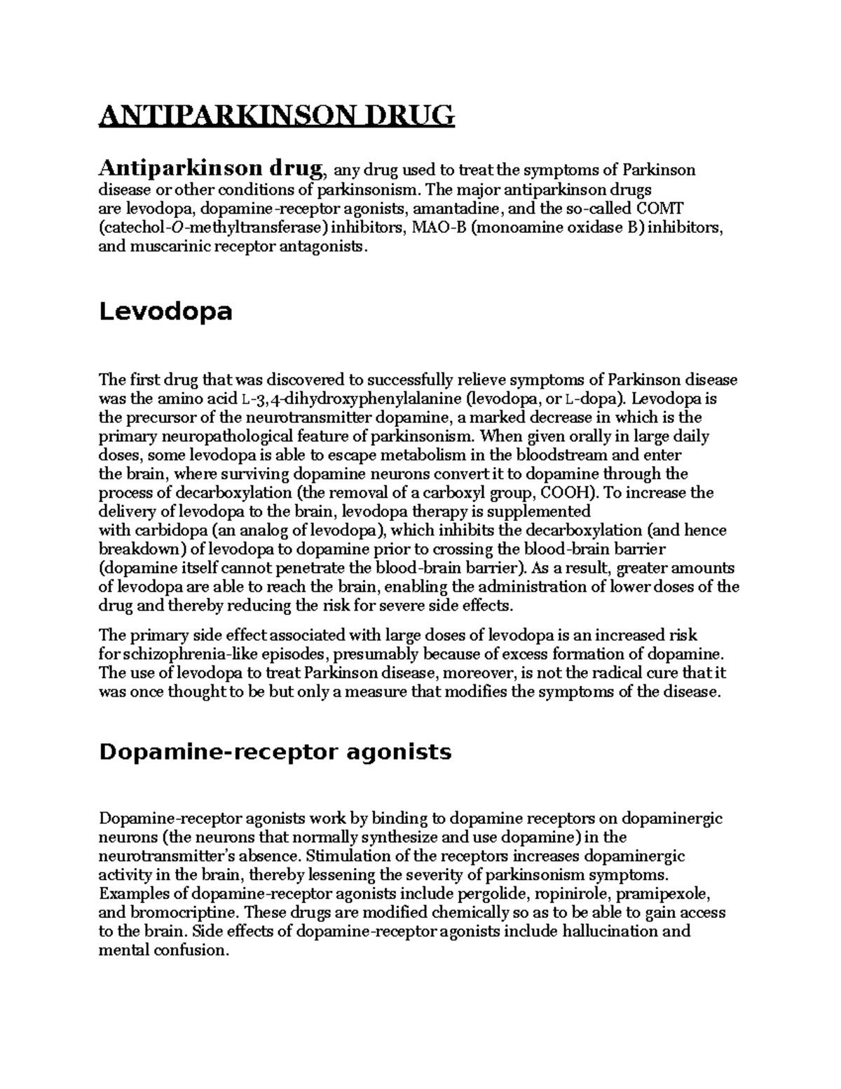 Antiparkinson Drugs Overview: Levodopa, Agonists & Inhibitors - Studocu