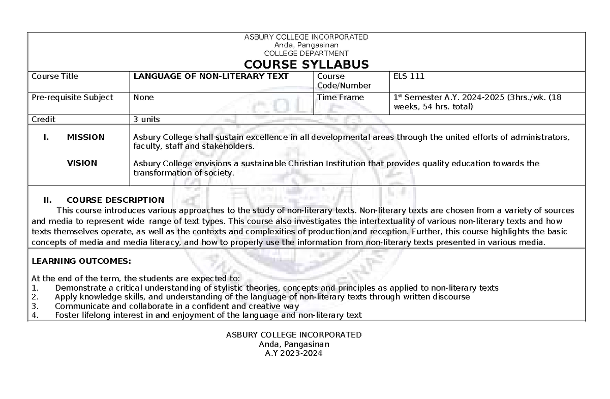 language of non-literary text - ASBURY COLLEGE INCORPORATED Anda ...