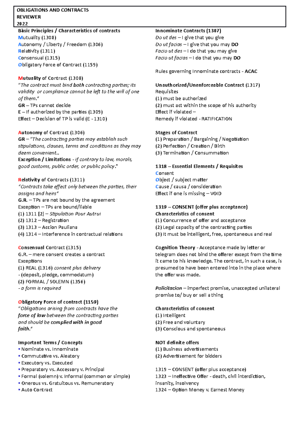 RFBT 2022 Reviewer: Key Principles of Contracts and Obligations - Studocu