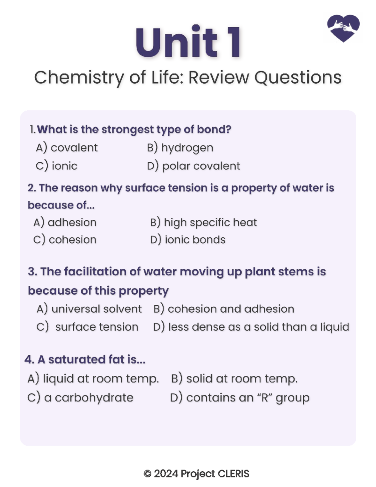 AP Biology Unit 1 Practice Questions: Chemistry of Life Review - Studocu