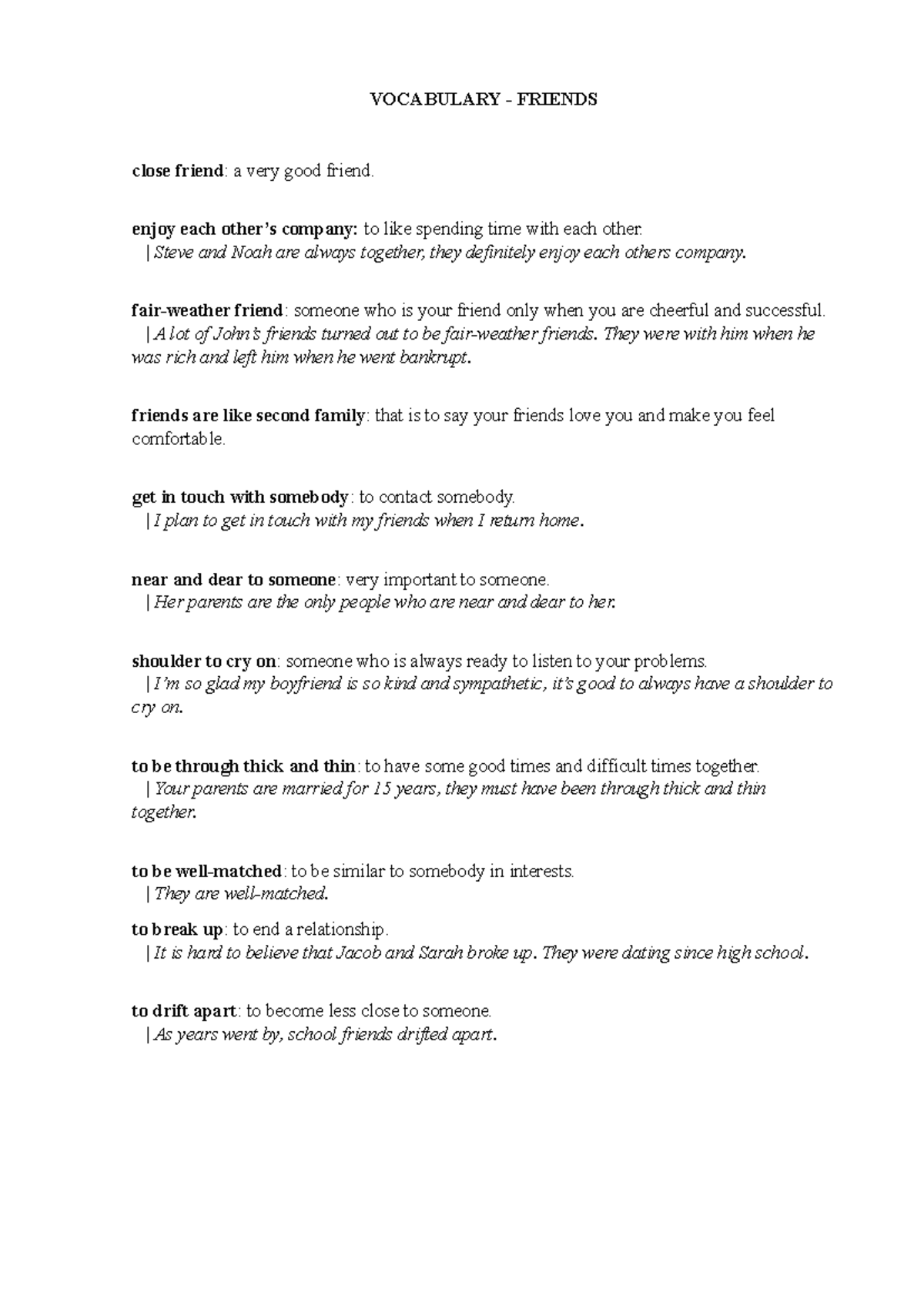 Vocabulary - vocab - VOCABULARY - FRIENDS close friend: a very good ...