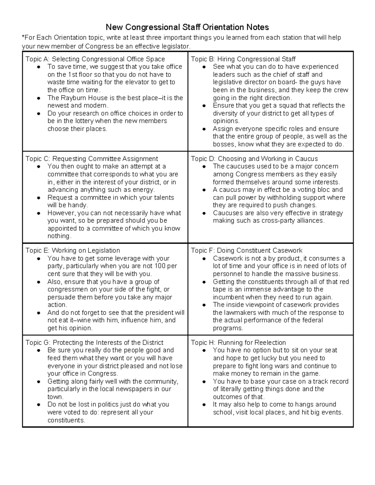 Congressional Staff Orientation Notes G.O: Key Insights for New Members ...