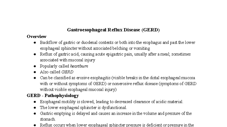GERD Overview and Management - Med Surg Block 3 Notes - Studocu