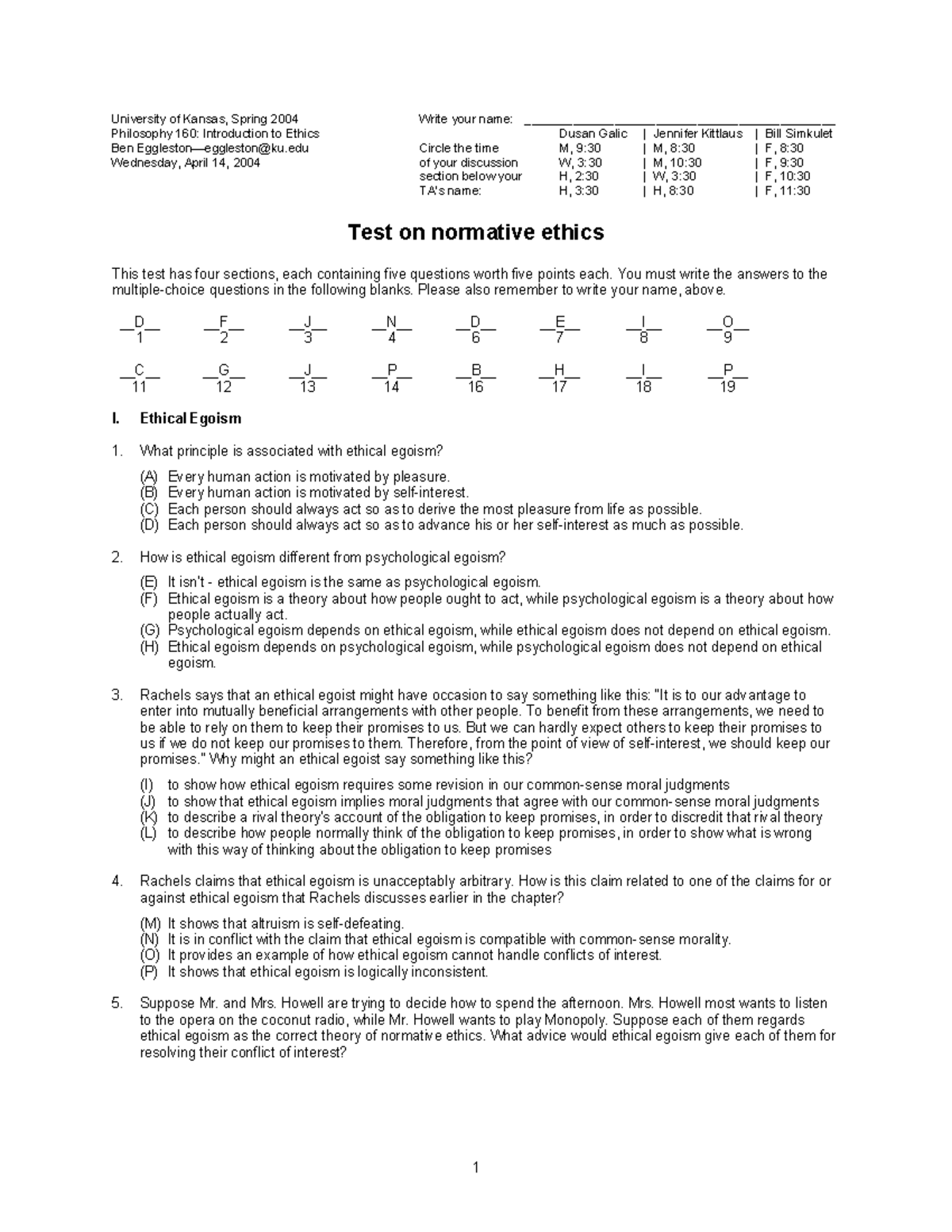 Philosophy 160: Test on Normative Ethics - University of Kansas Spring ...