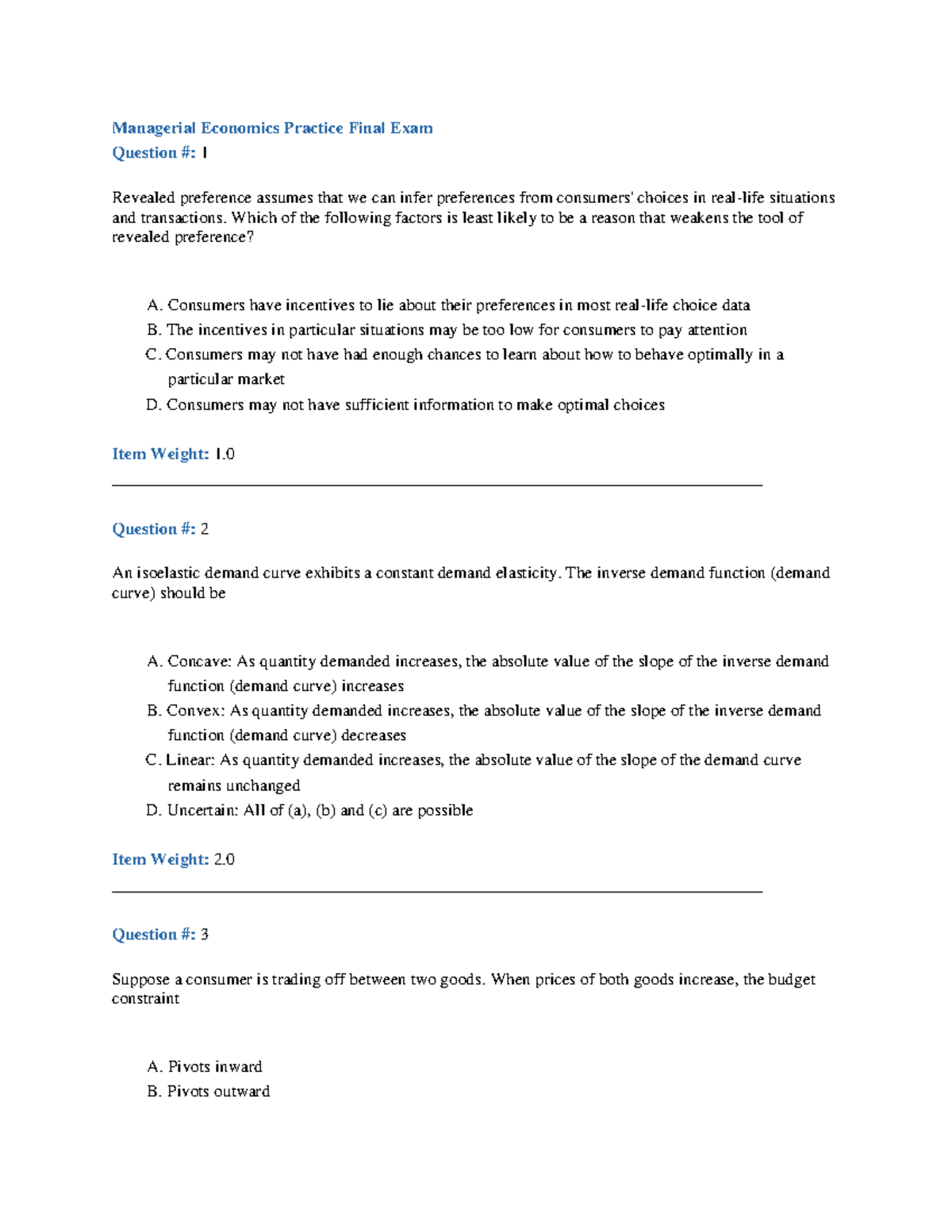 Managerial Economics Practice Final Exam Questions Answers - BSP1703 ...