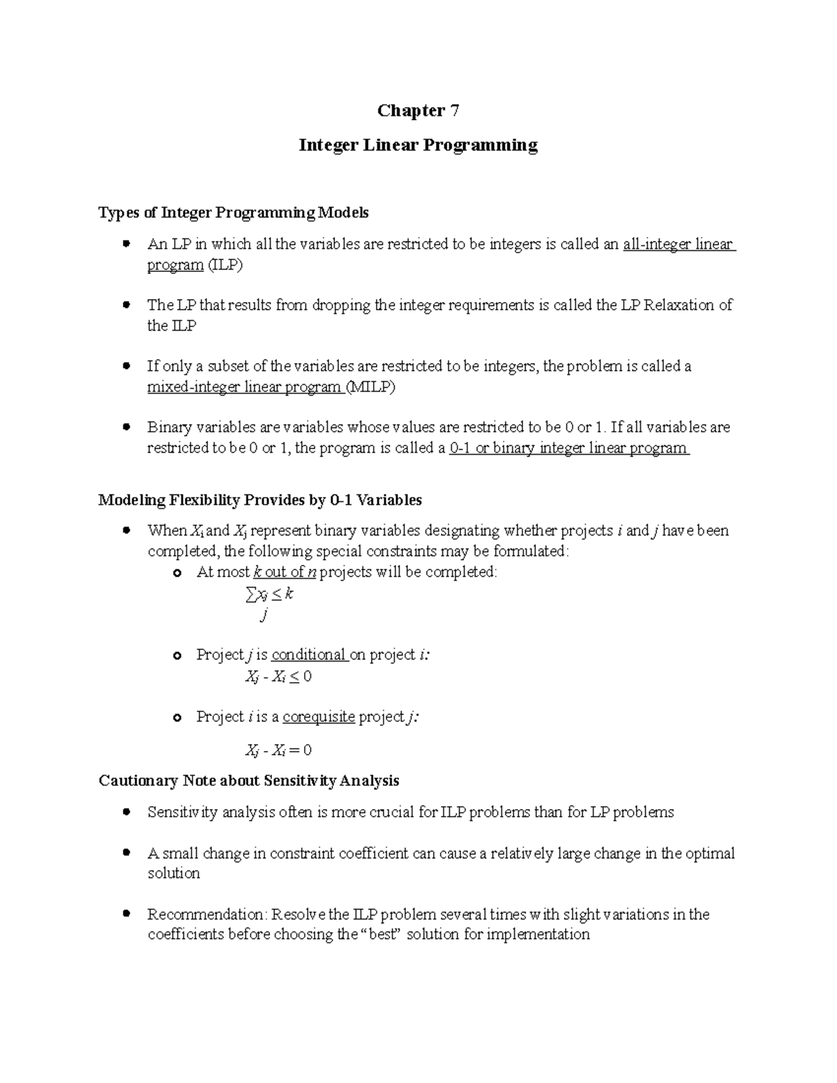 Chapter 7: Integer Linear Programming - Models & Sensitivity Analysis ...
