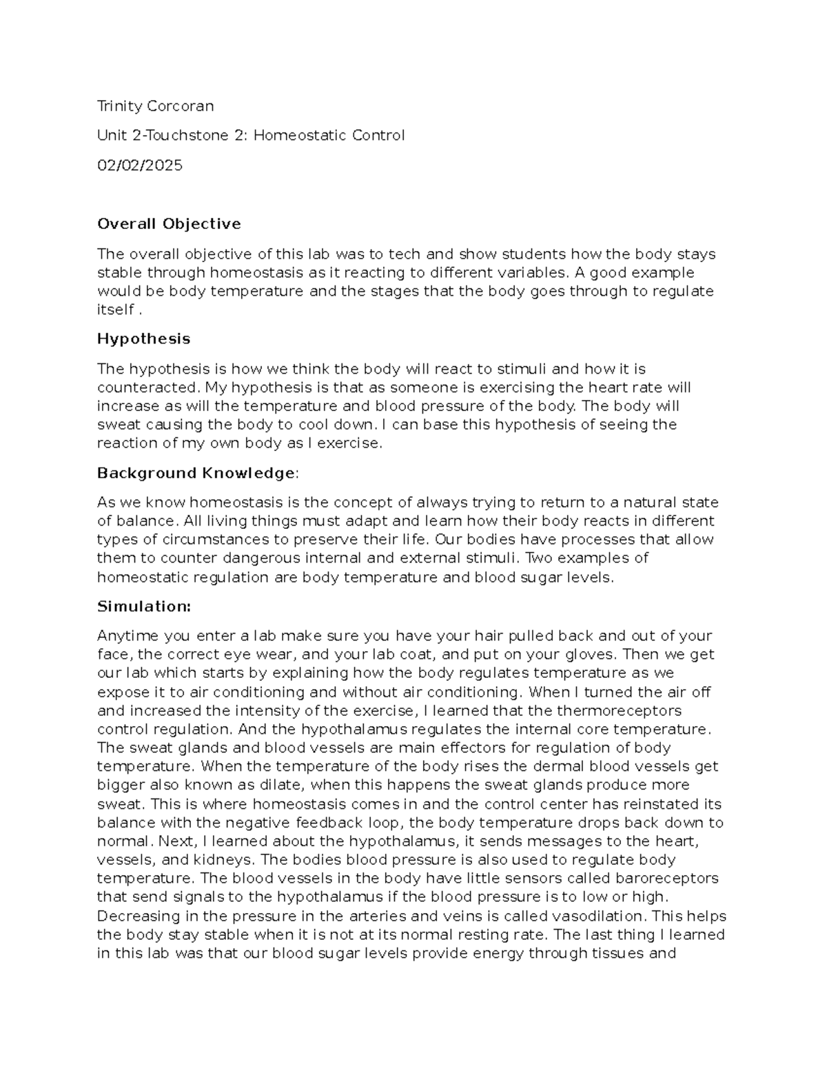 Unit 2 - Touchstone 2: Understanding Homeostatic Control Mechanisms ...