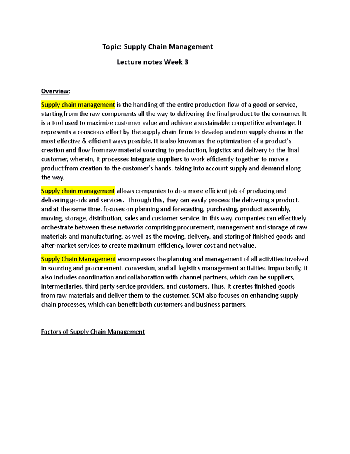 Supply Chain Management Lecture Notes - Week 3 (SCM 101) - Studocu