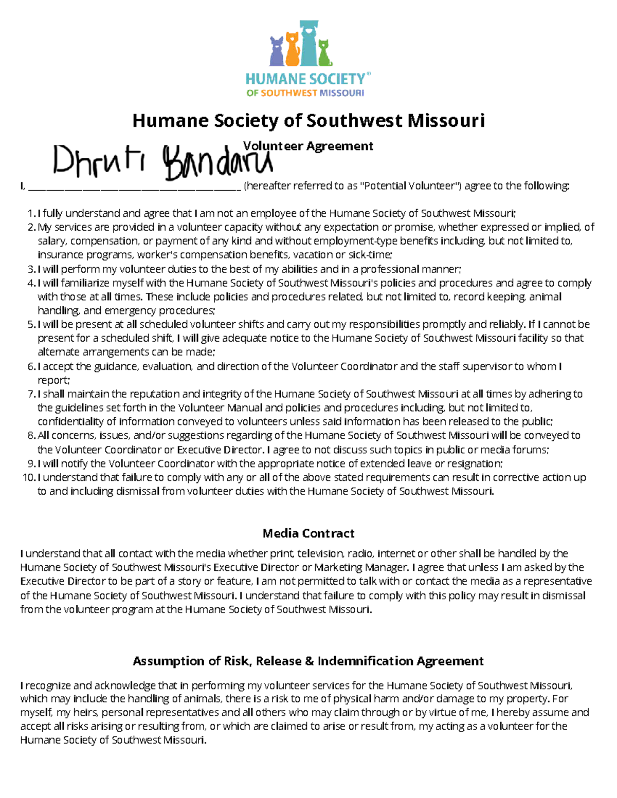 Humane Society of Southwest Missouri Volunteer Agreement & Media ...