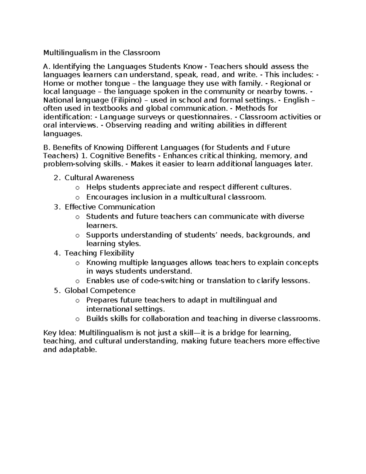 Multilingualism in the Classroom: A Comprehensive Reviewer - Studocu