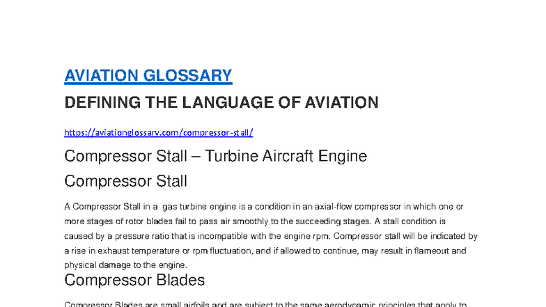 AVIATION 101: Compressor Stall Definitions and Implications - Studocu