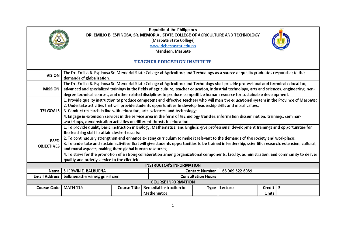 OBE Syllabus for MATH 115: Remedial Instruction in Mathematics - Studocu