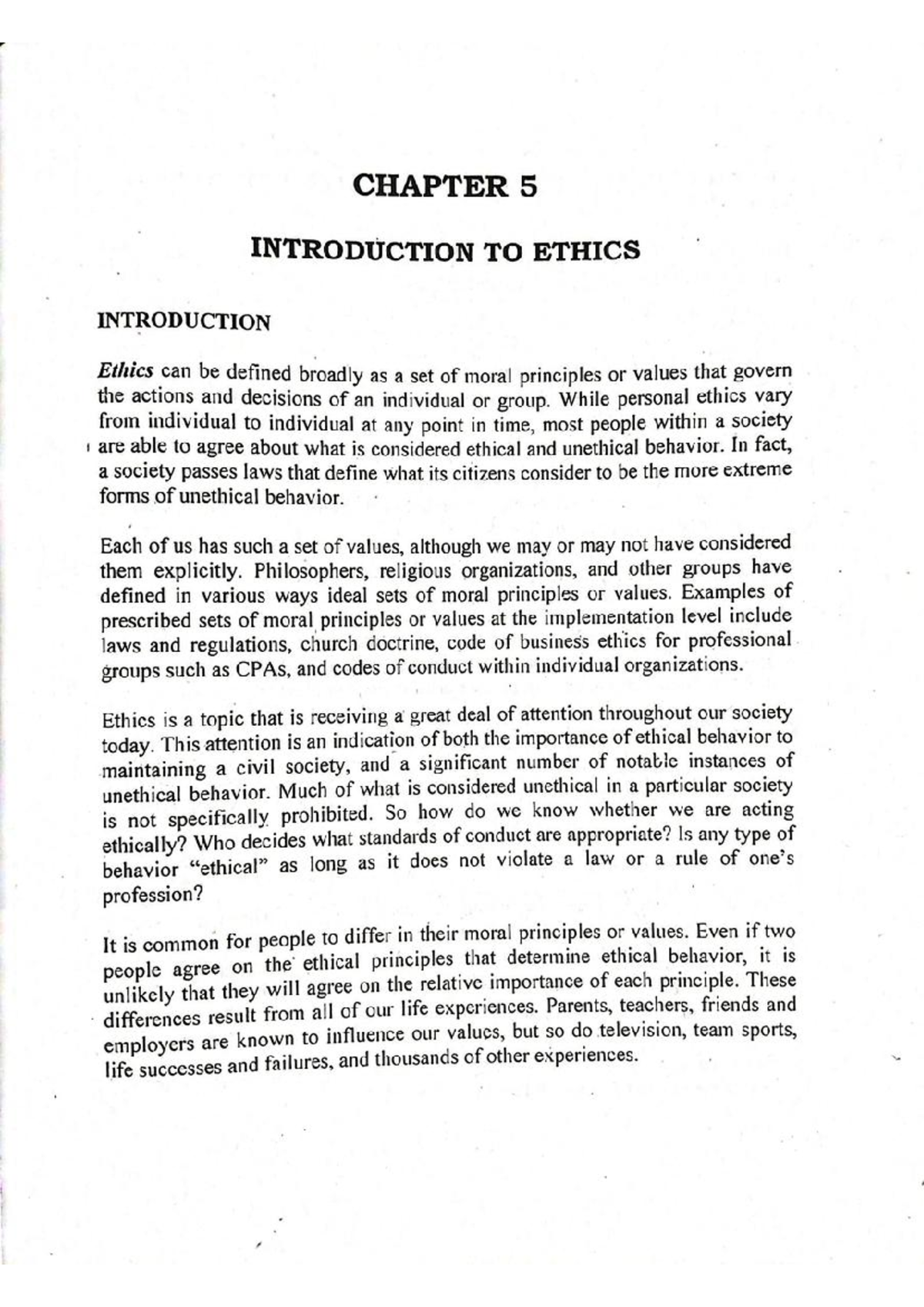 CHAPTER 5 NOTES: INTRODUCTION TO ETHICS AND ITS PRINCIPLES - Studocu