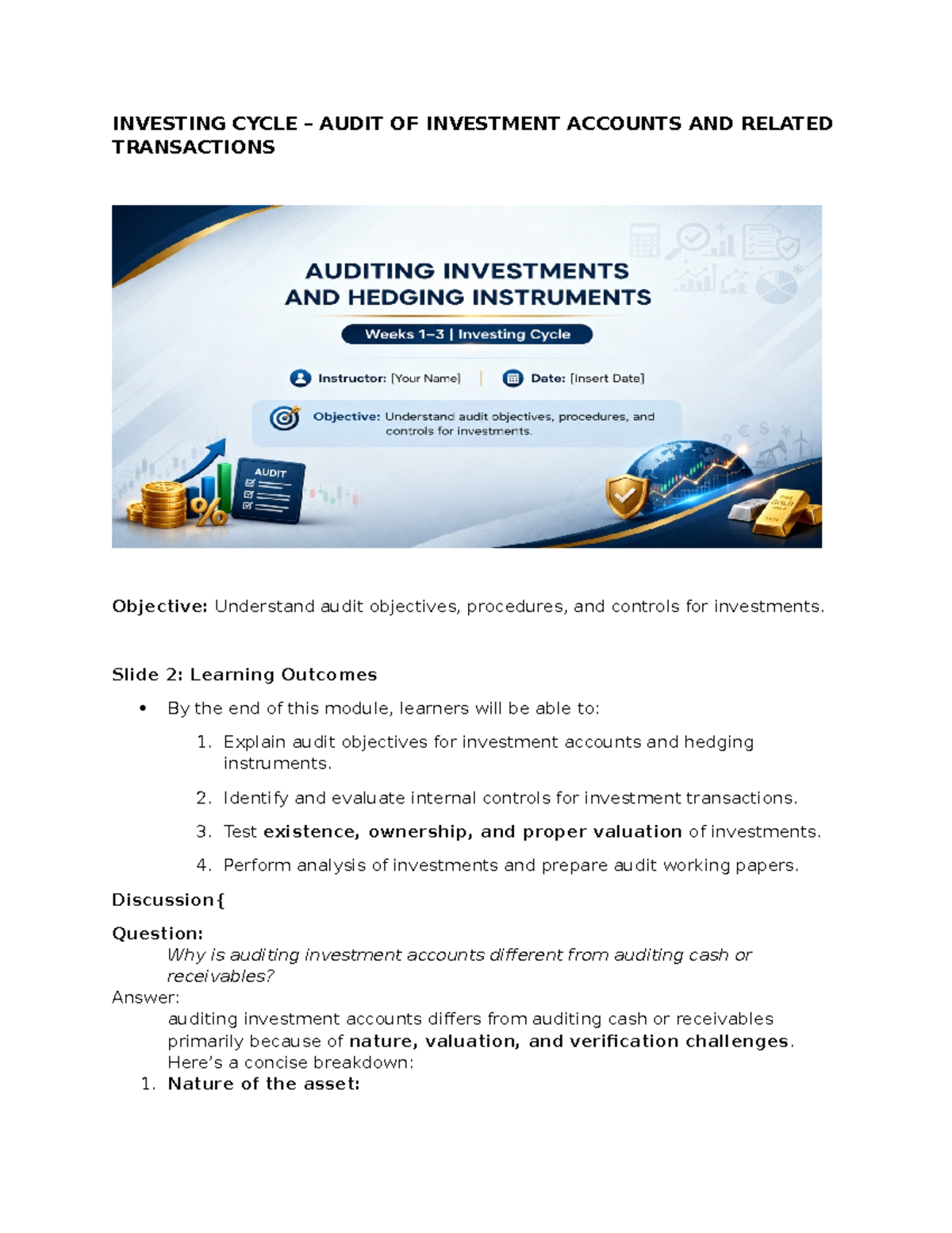 Auditing and Assurance Concepts: Investing Cycle (ACCT 301) - Studocu