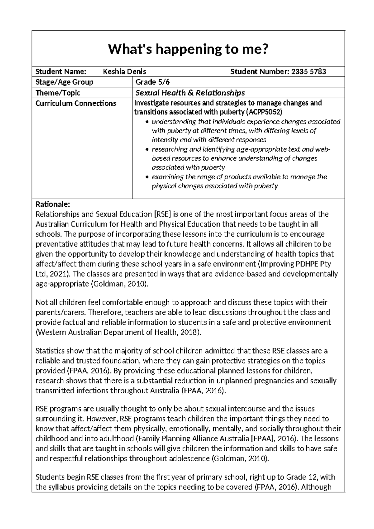 Draft Assignment 2: Understanding Puberty and Sexual Health (ACPPS052 ...