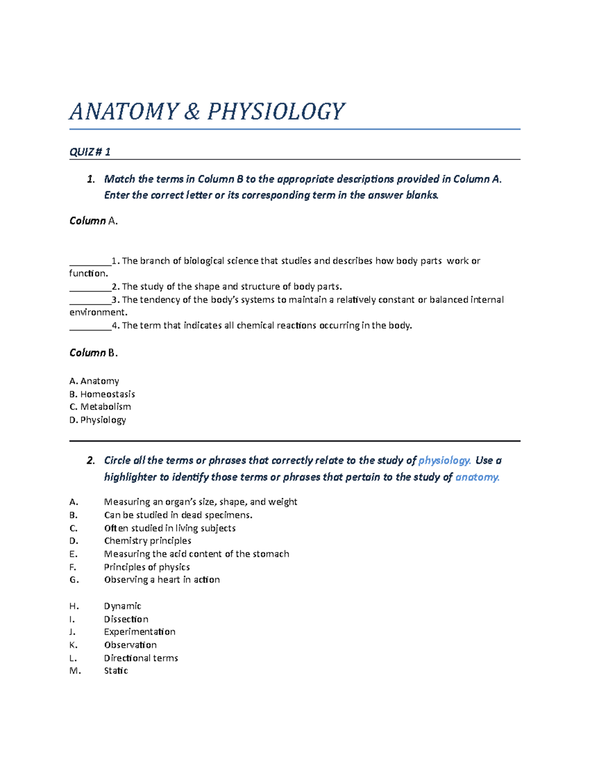 A sample Quiz of Anatomy And Physiology! - ANATOMY & PHYSIOLOGY QUIZ ...