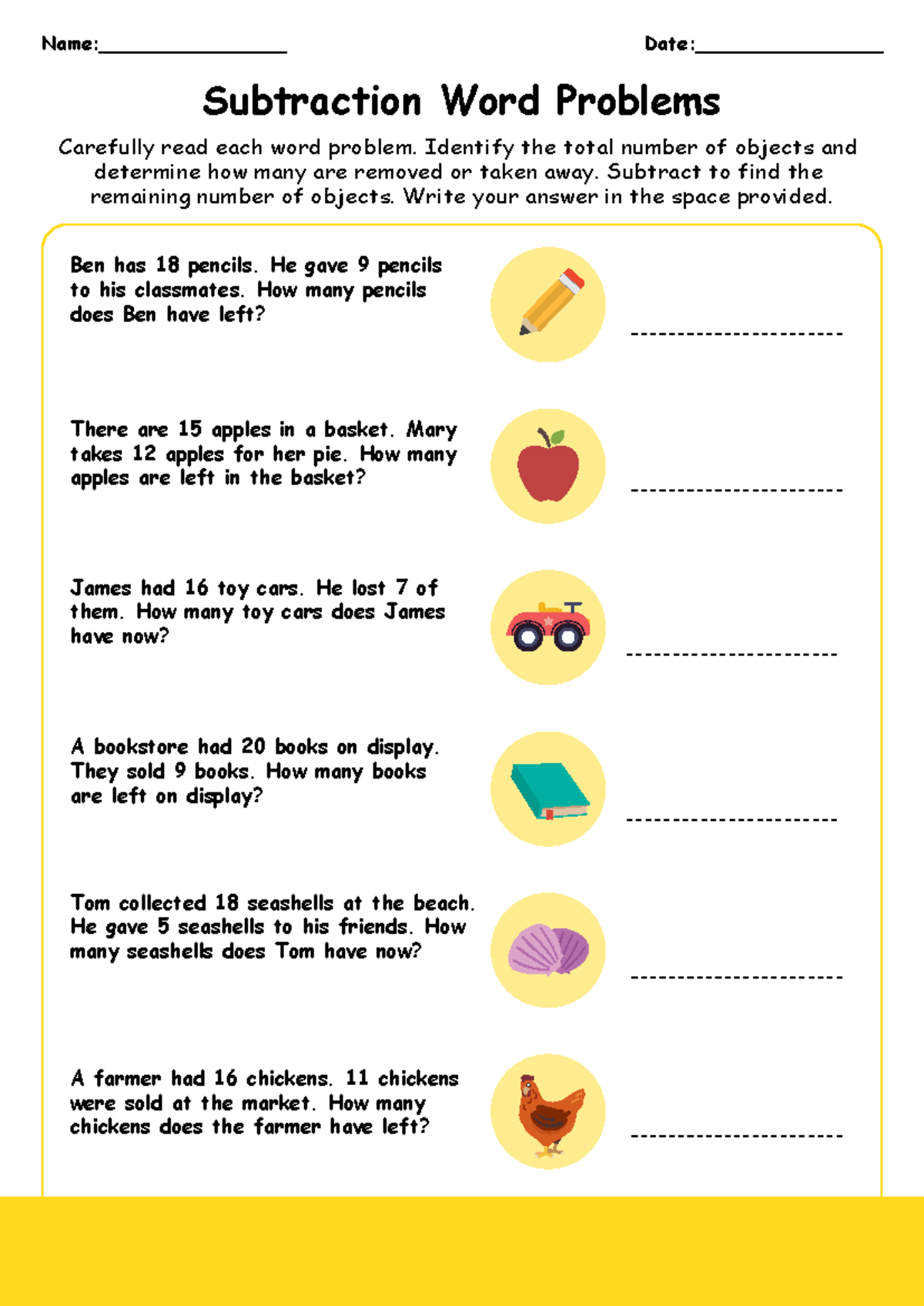 Subtraction Word Problems for 1st Grade - 1st Grade Worksheet ...
