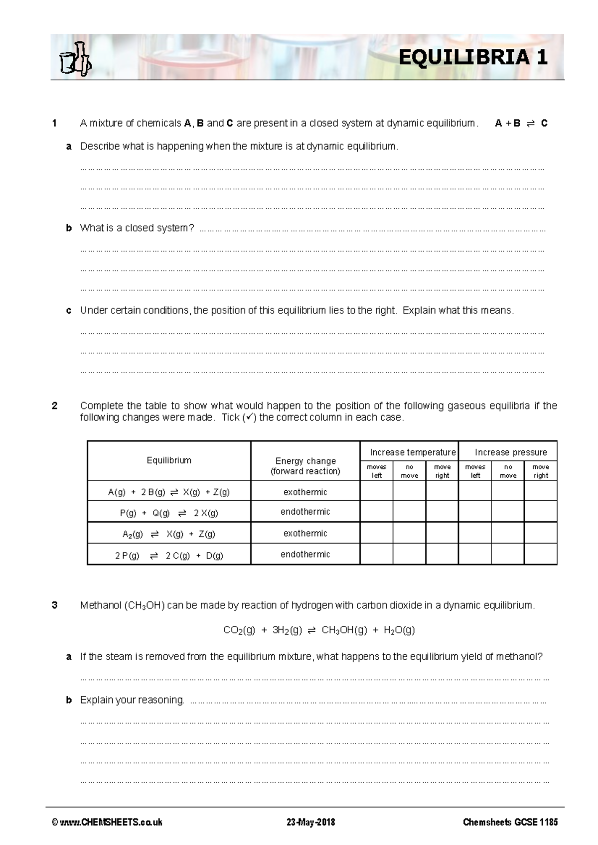 Chemsheets GCSE 1185: Dynamic Equilibrium in Chemical Reactions - Studocu