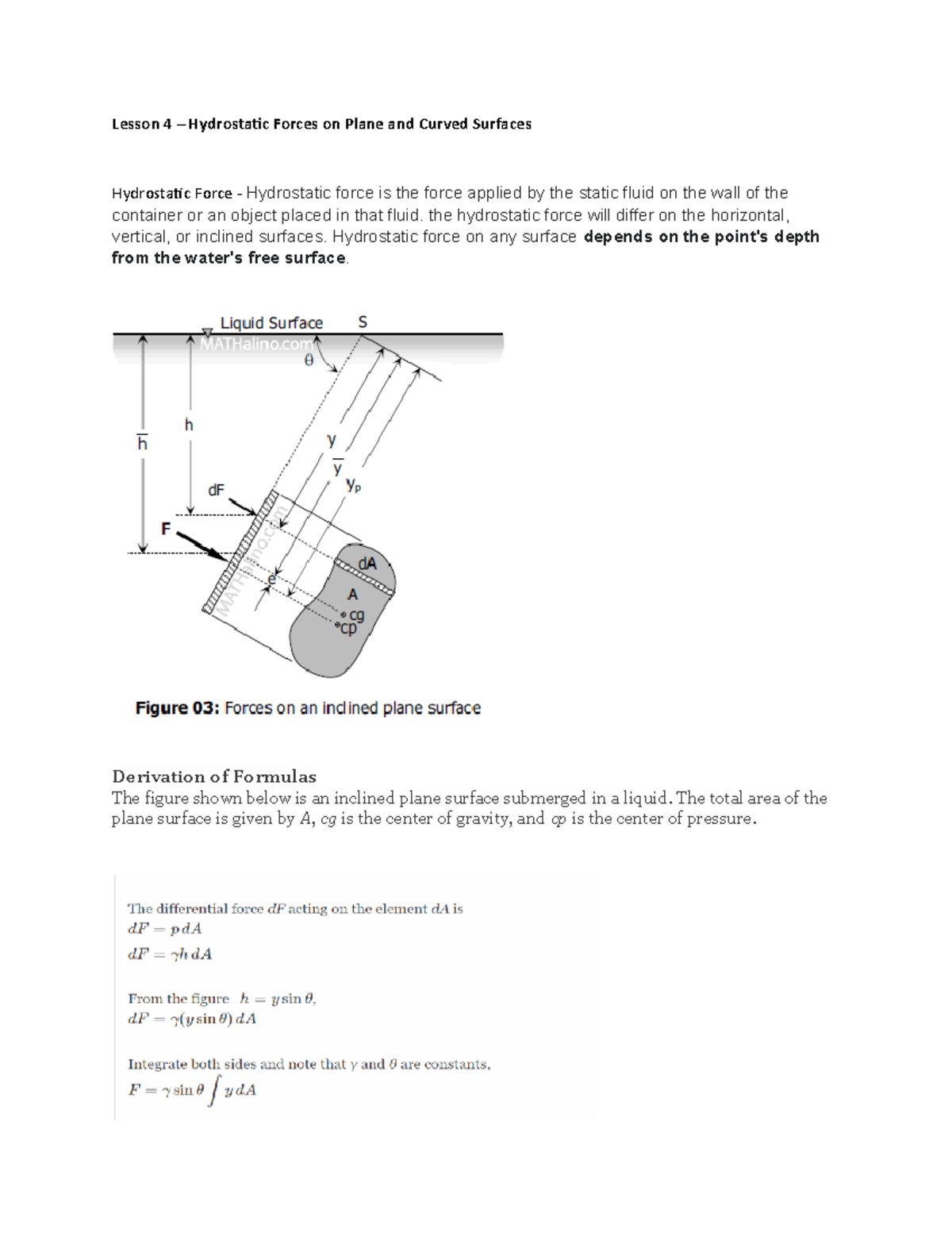 Lesson 4 - Hydrostatic Forces - Lesson 4 – Hydrostatic Forces on Plane ...