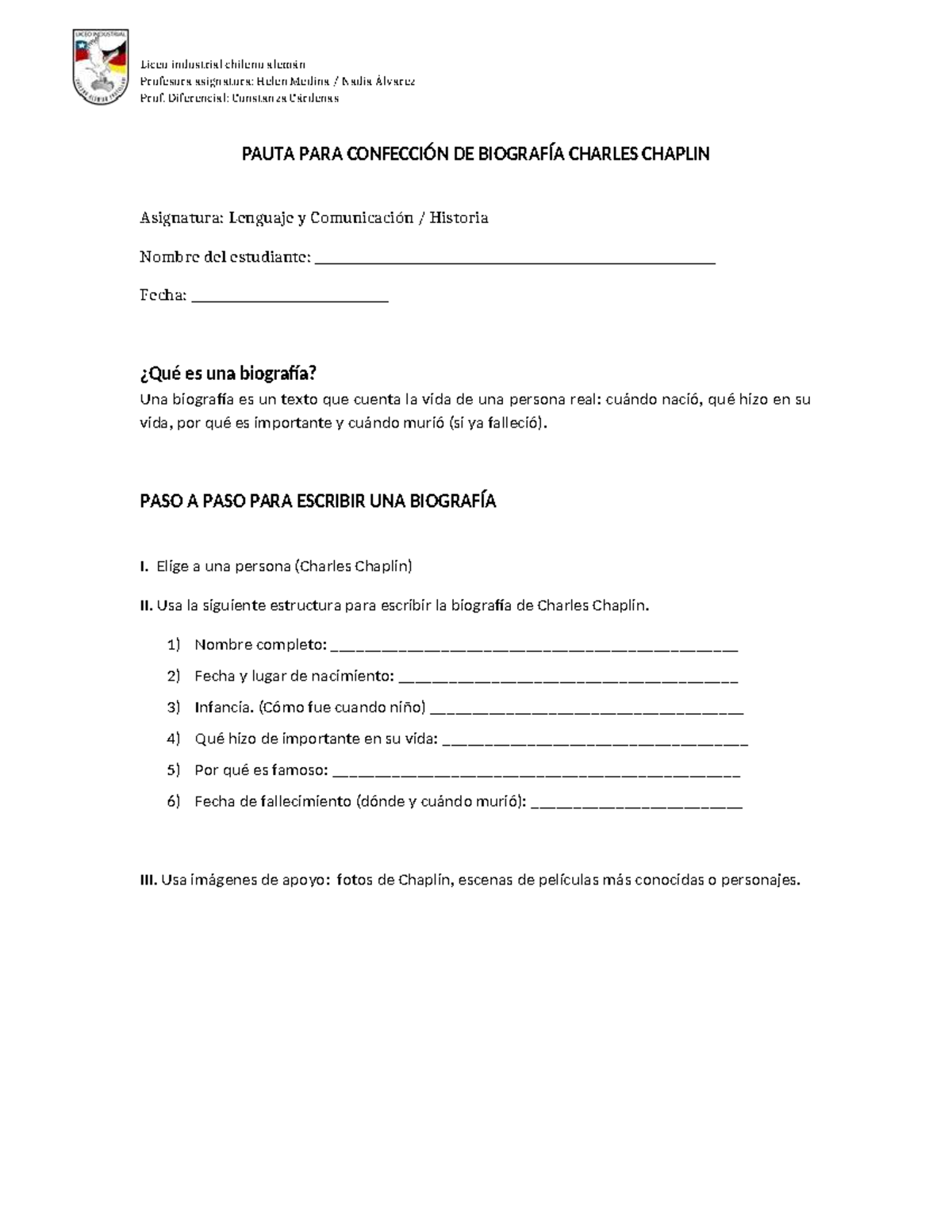 Guía para Escribir Biografía de Charles Chaplin - 4° Básico - Studocu