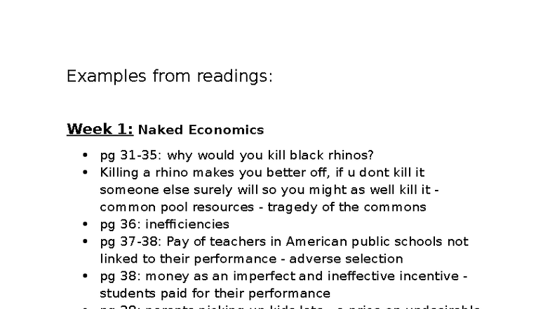 Examples from Readings: Week 1-5 Insights on Economics and Behavior ...