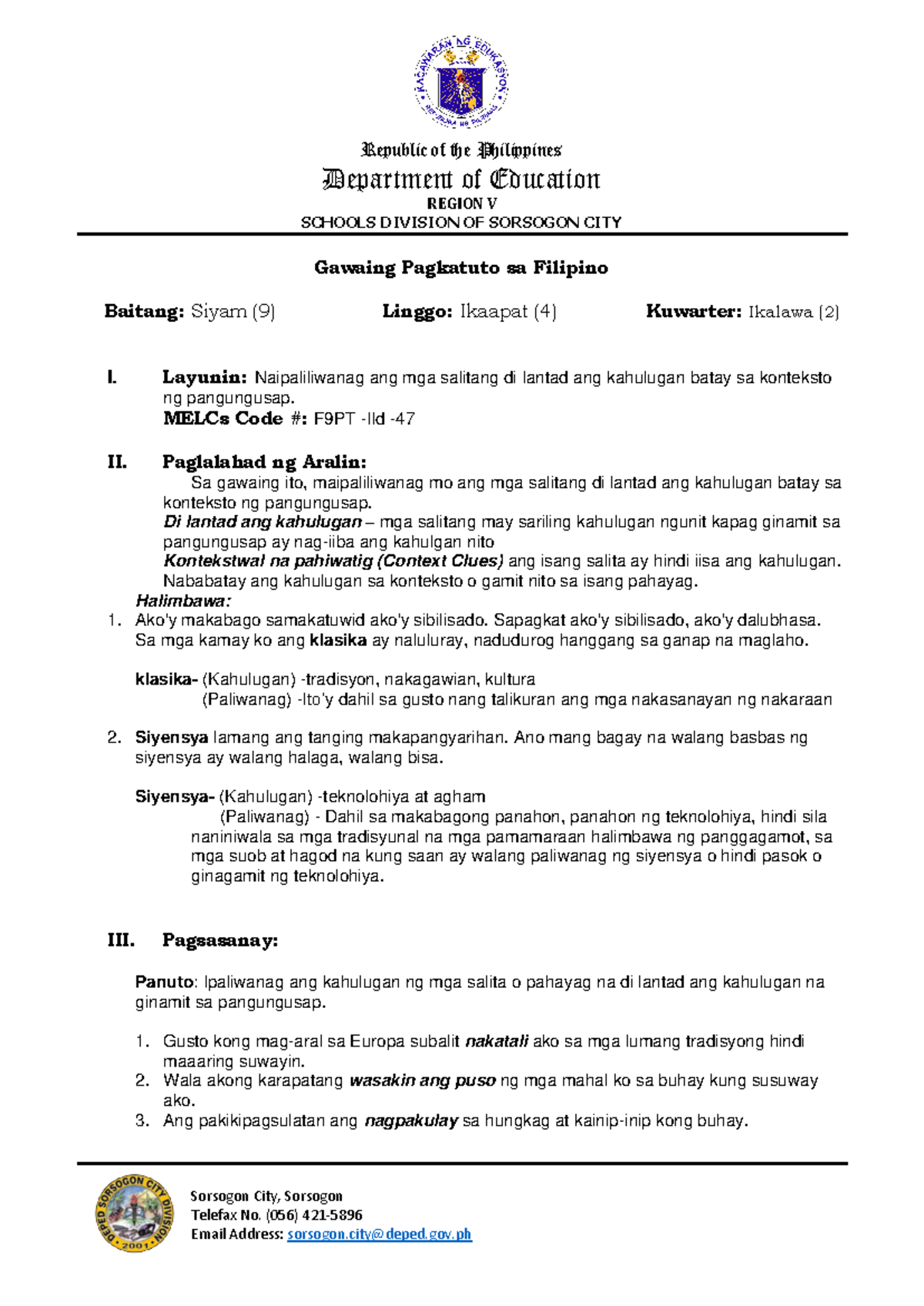 F9Q2 Gawaing Pagkatuto: Mga Salitang Di-Lantad ang Kahulugan - Studocu