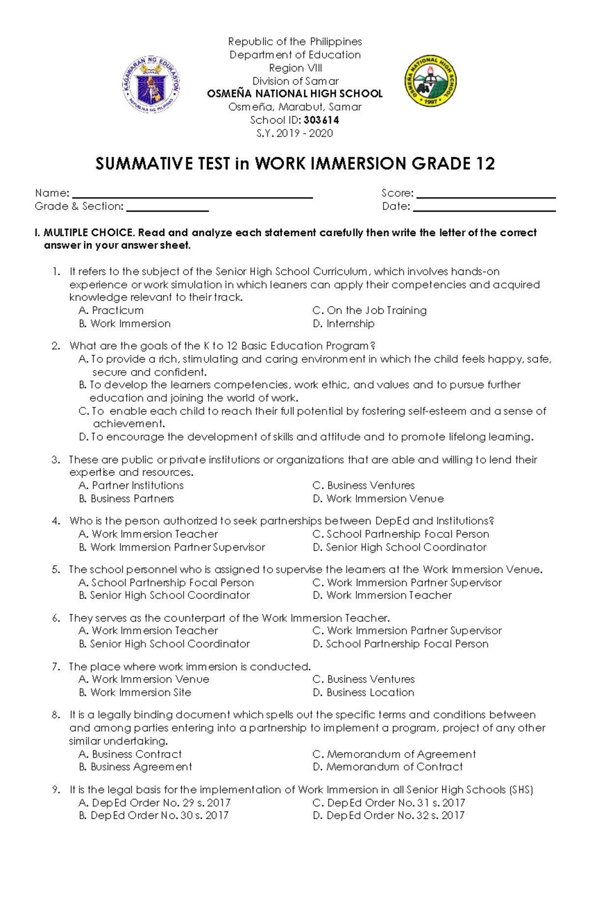 S.Y. 2019-2020 Summative Test in Work Immersion GRADE 12 - Studocu