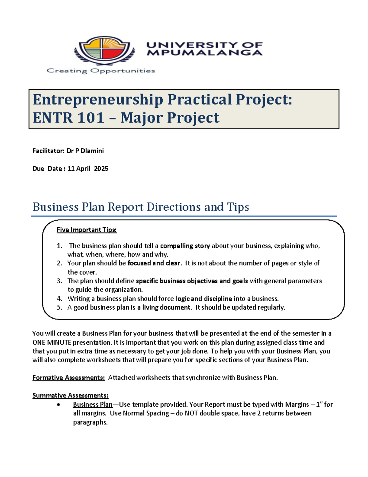 ENTR 101 Major Project: Business Plan Report Guidelines & Tips - Studocu
