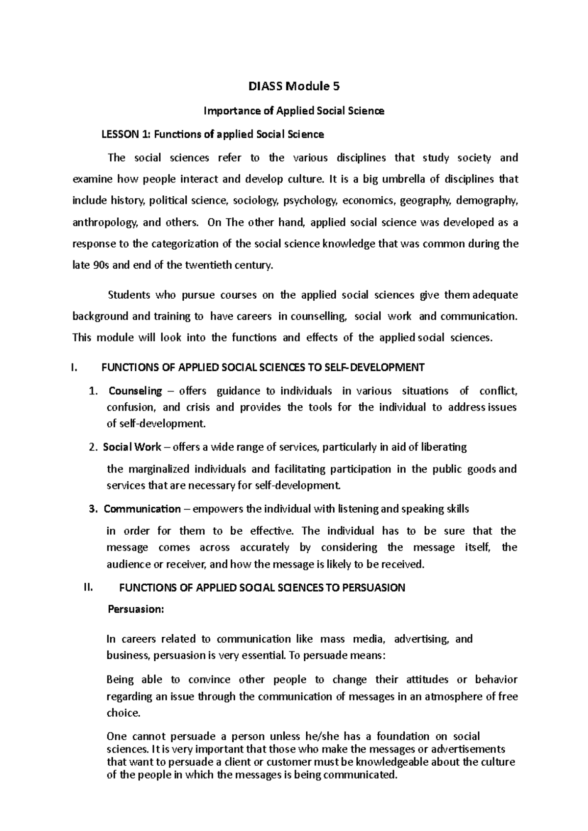 DIASS Module 5 Lesson - Functions of Applied Social Sciences - Studocu