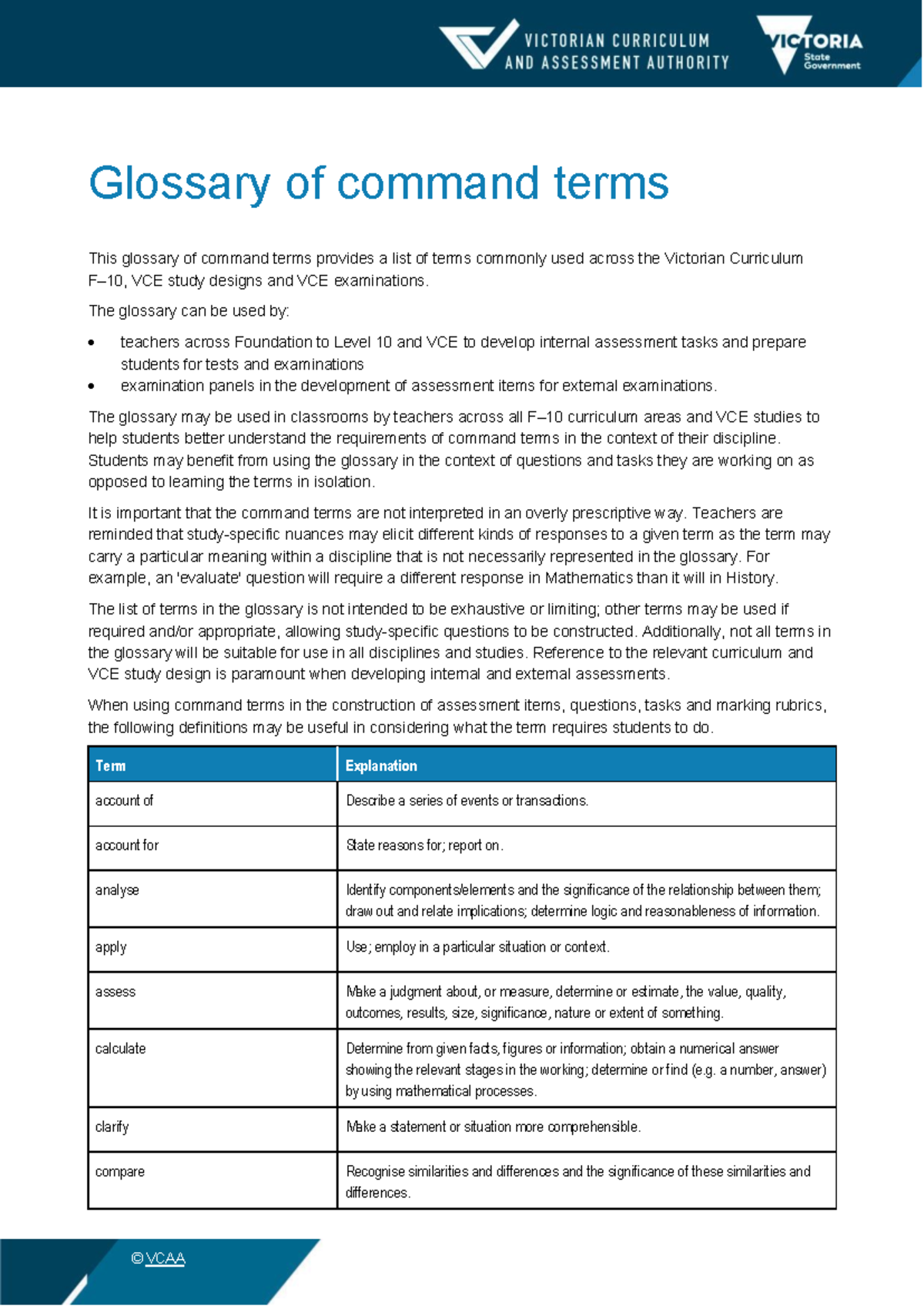 VCAA Glossary of Command Terms for Curriculum Assessment - Studocu
