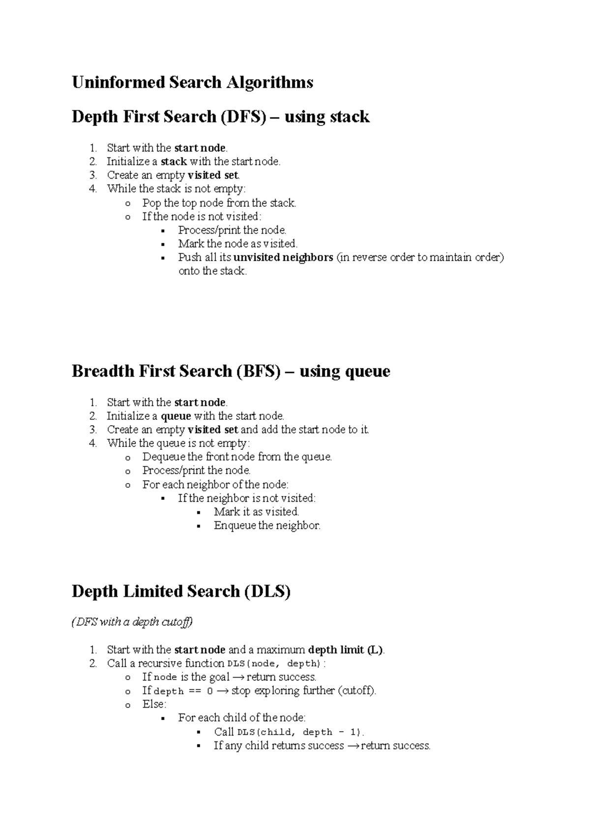 Algorithms - AI Notes: Uninformed & Informed Search Techniques - Studocu