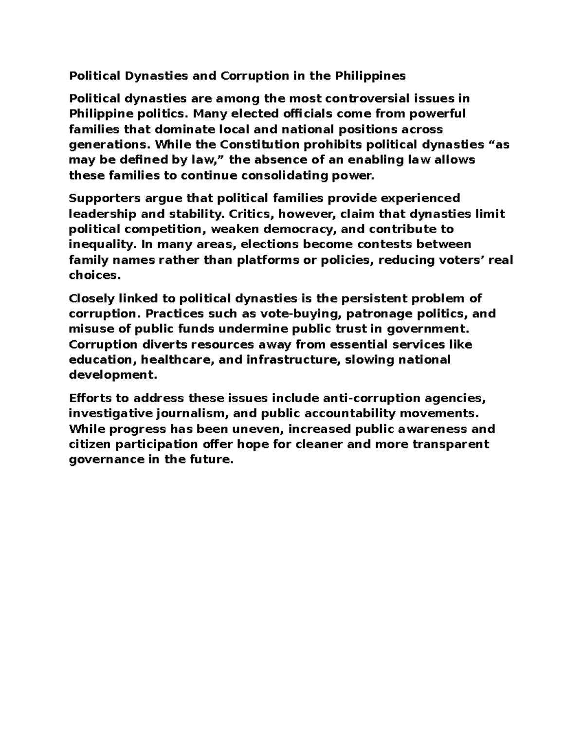 Political Dynasties & Corruption in the Philippines: An Analysis - Studocu