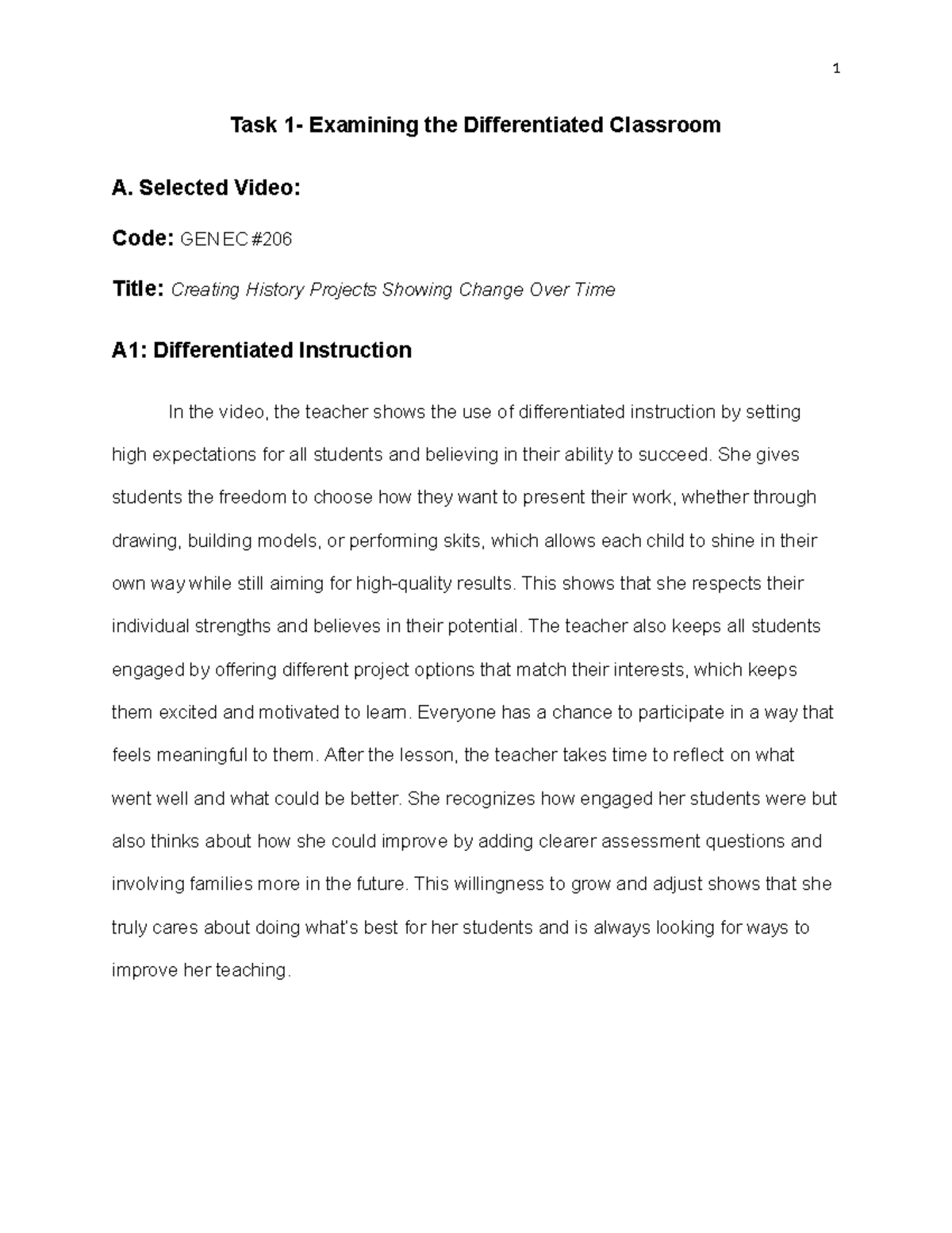 GEN EC Task 1: Examining Differentiated Instruction in History Projects ...