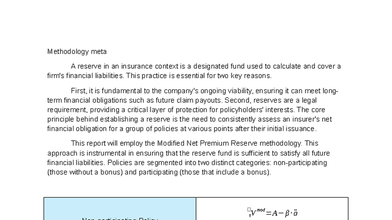 Methodology for Modified Net Premium Reserve in Insurance - Studocu