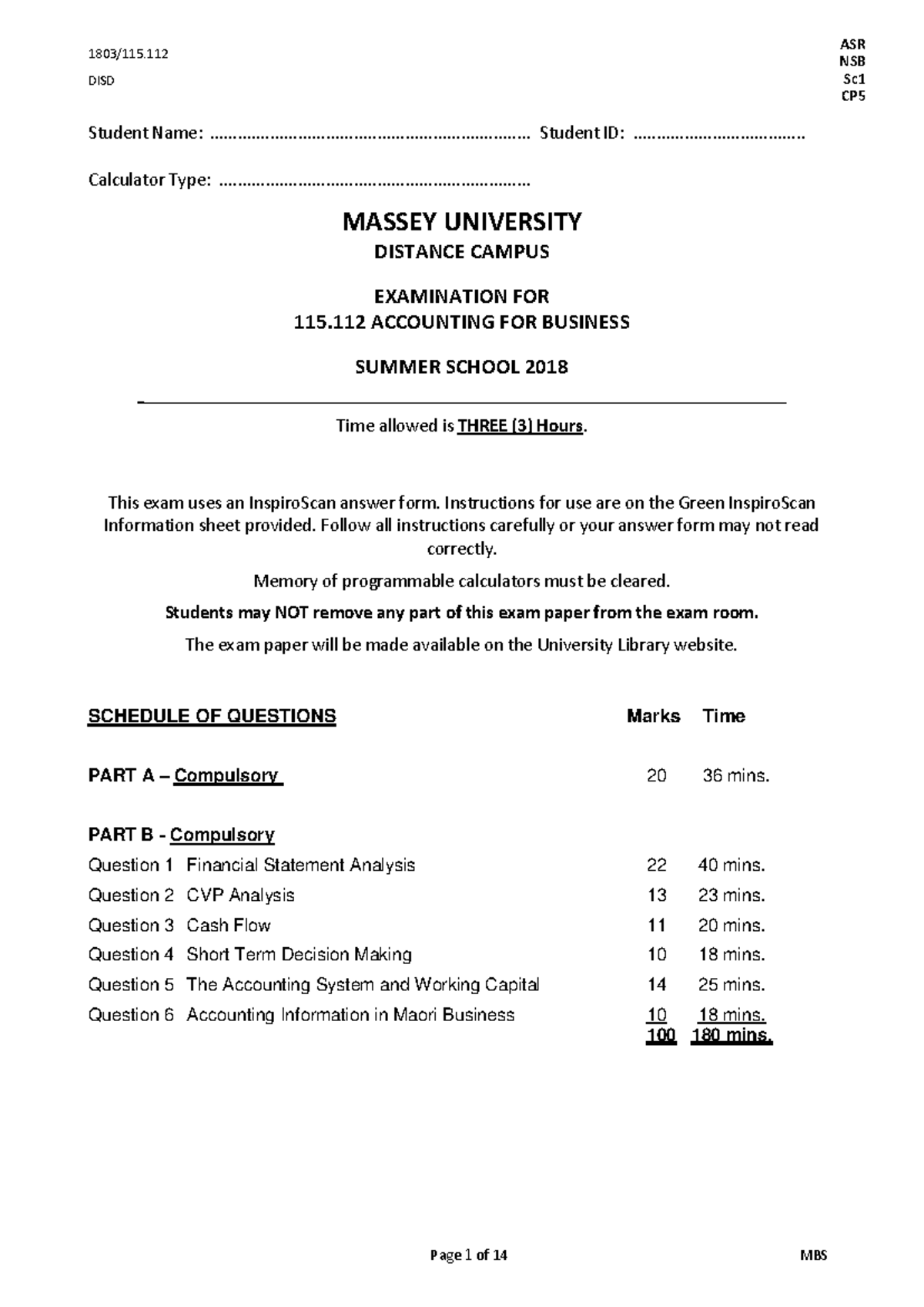 115 - 115112 Exam 18SSHL - ASR NSB Sc CP 1803/115. DISD Student Name ...