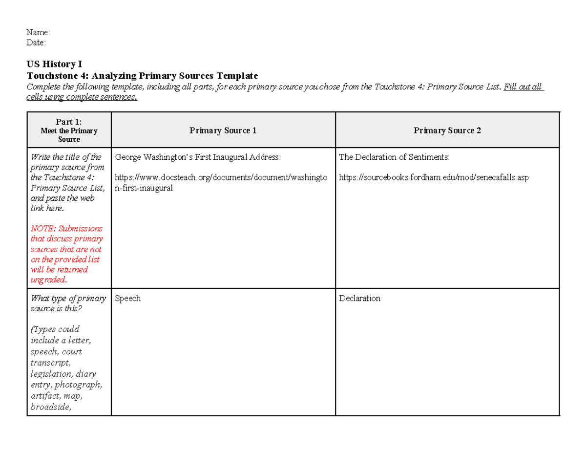 US History I Touchstone 4 Primary Sources Analysis Template - Studocu