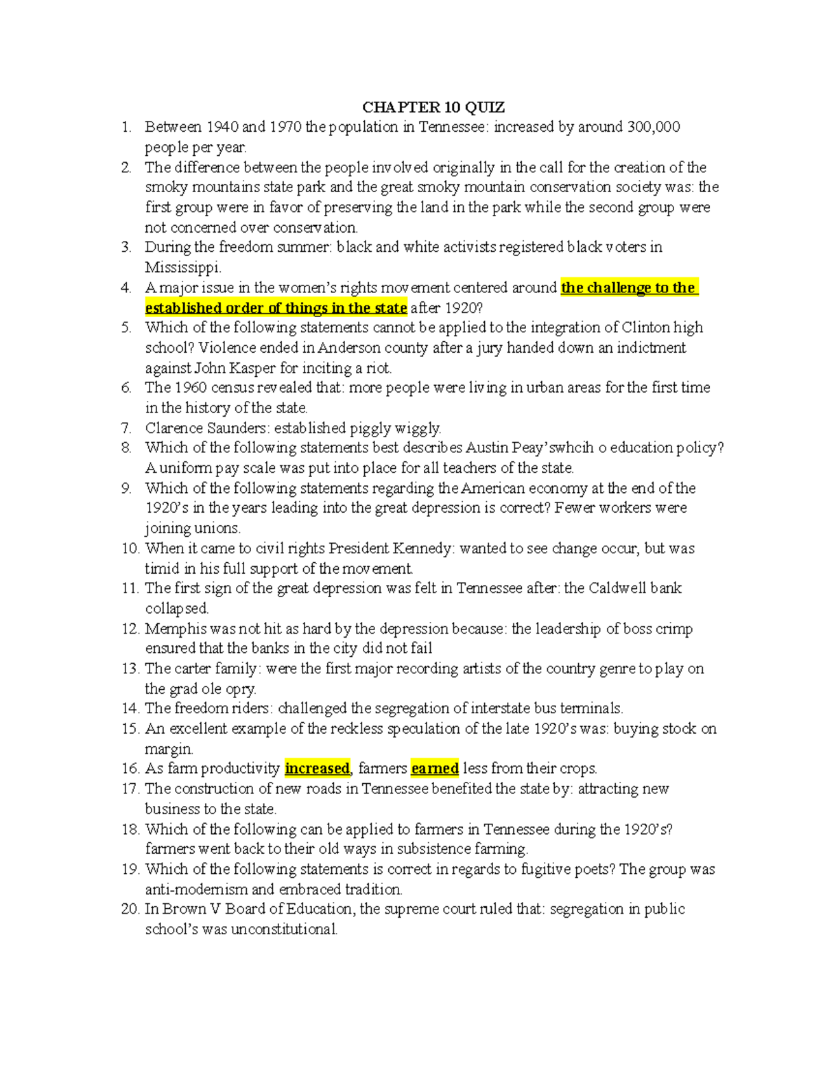 Chapter 10 Quiz - Tennessee History Insights by Instructor Pitts - Studocu