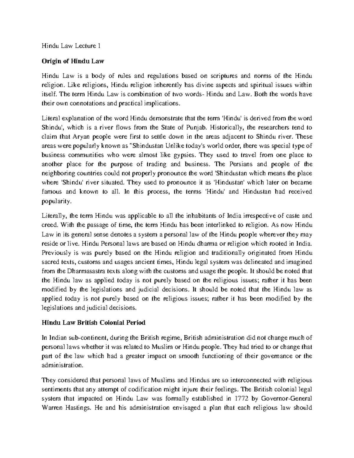 Hindu Law Lecture 1: Origins and Evolution of Hindu Legal System - Studocu