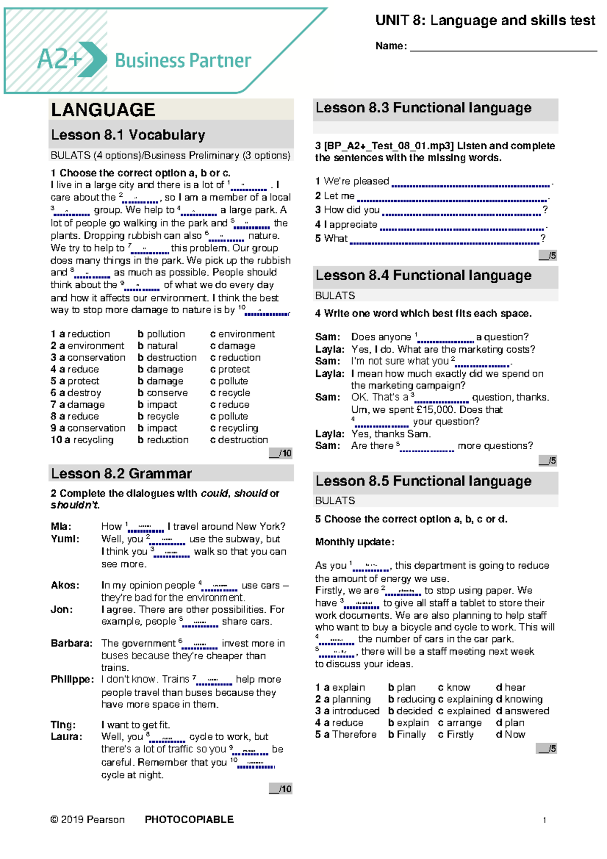 BP A2+ Language & Skills Test Unit 8 - Vocabulary, Grammar, Listening ...