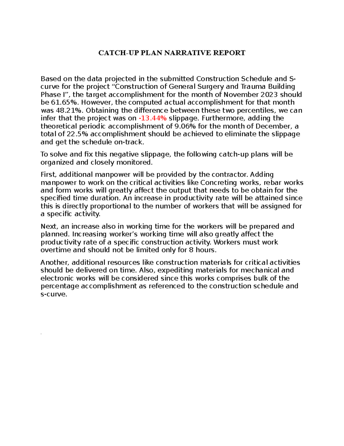 Catch-Up Plan Narrative Report for Constr. of General Surgery Bldg ...