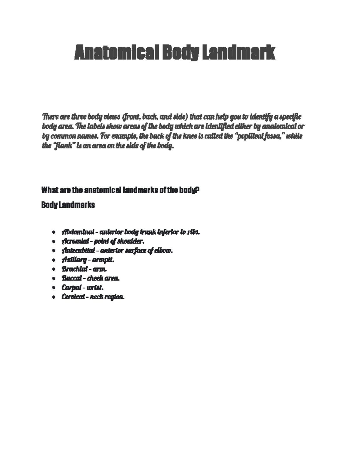 Anatomical Body Landmarks Overview for A&P 101 Lecture Notes - Studocu