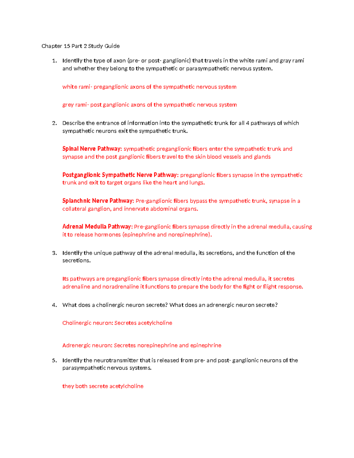 Chapter 15 Part 2 Study Guide: Autonomic Nervous System Overview ...