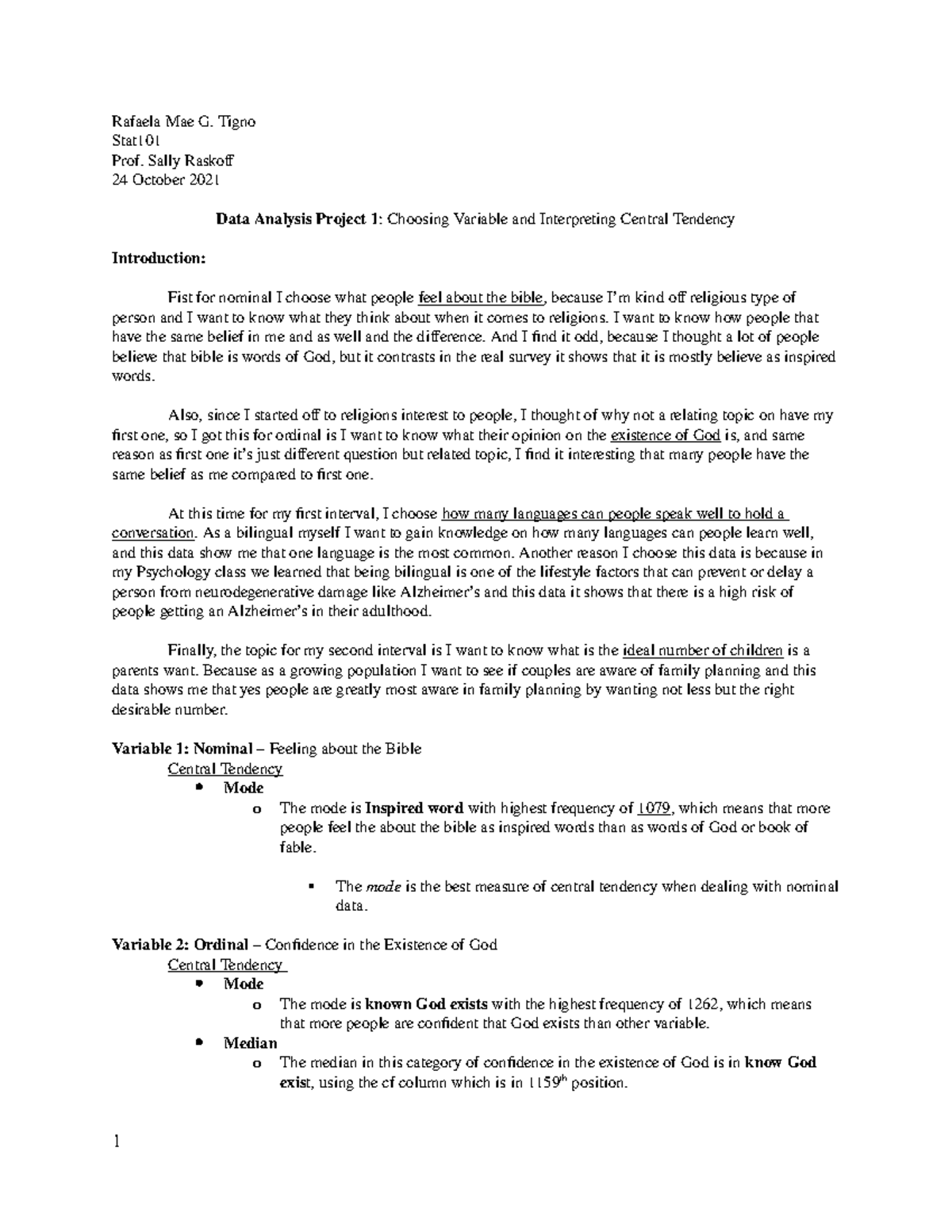 Data Analysis Project; Analyzing the Data - Rafaela Mae G. Tigno Stat ...