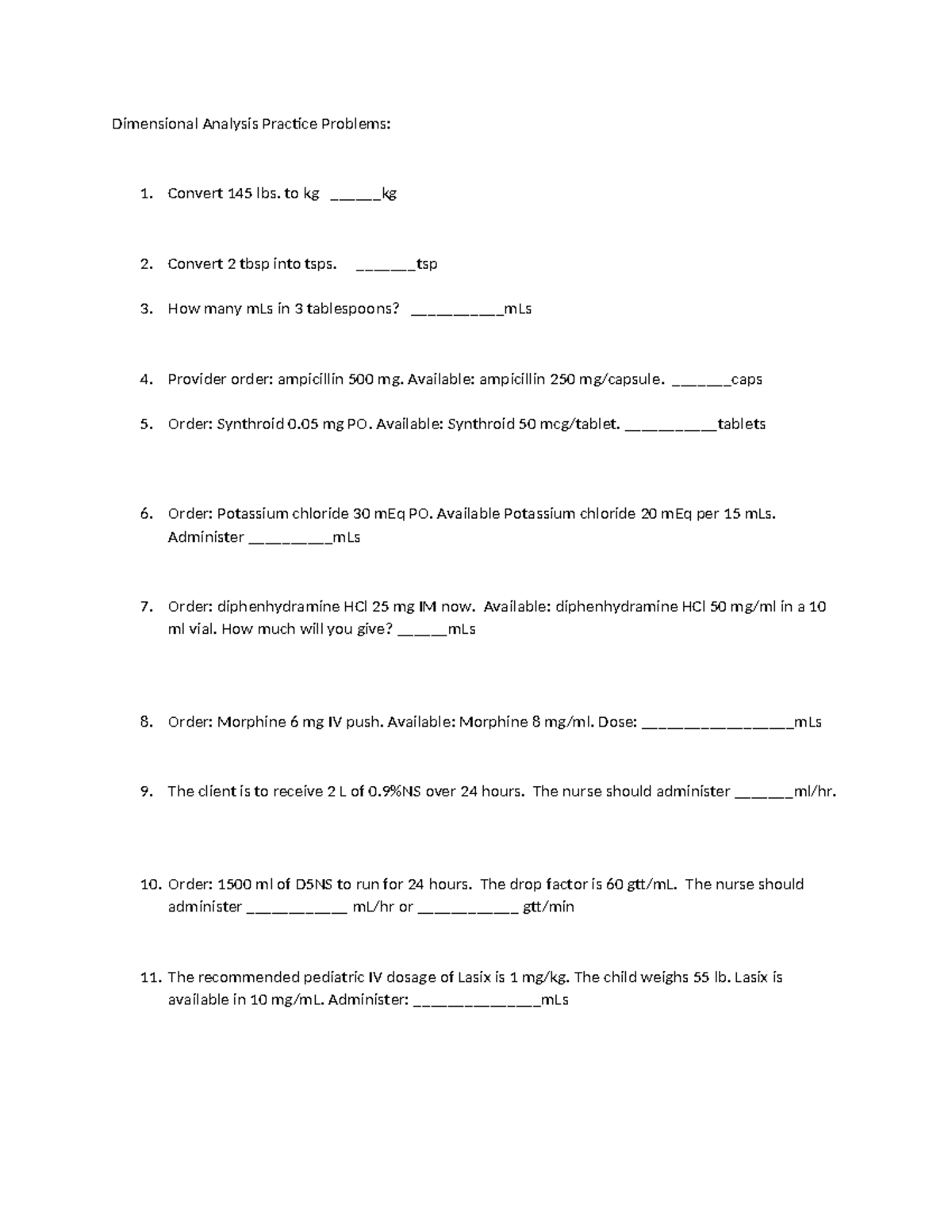 Pharm - Dimensional Analysis Practice Problems for Med Calculations - Studocu